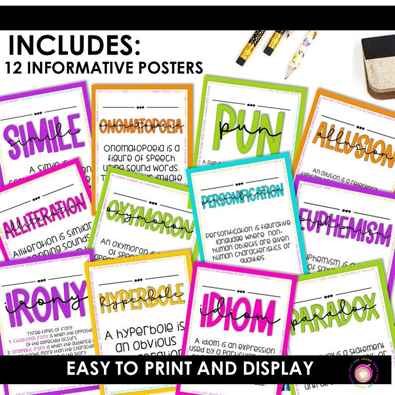 Figurative Language Posters | ELA Bulletin Board Set | Brights - Etsy