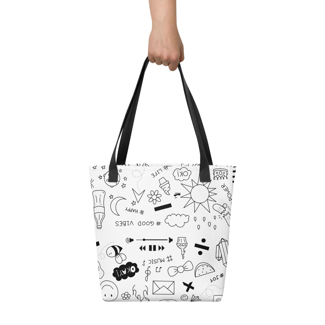 Doodle Art Tote Bag: Black & White Cartoon Canvas Bag - Etsy