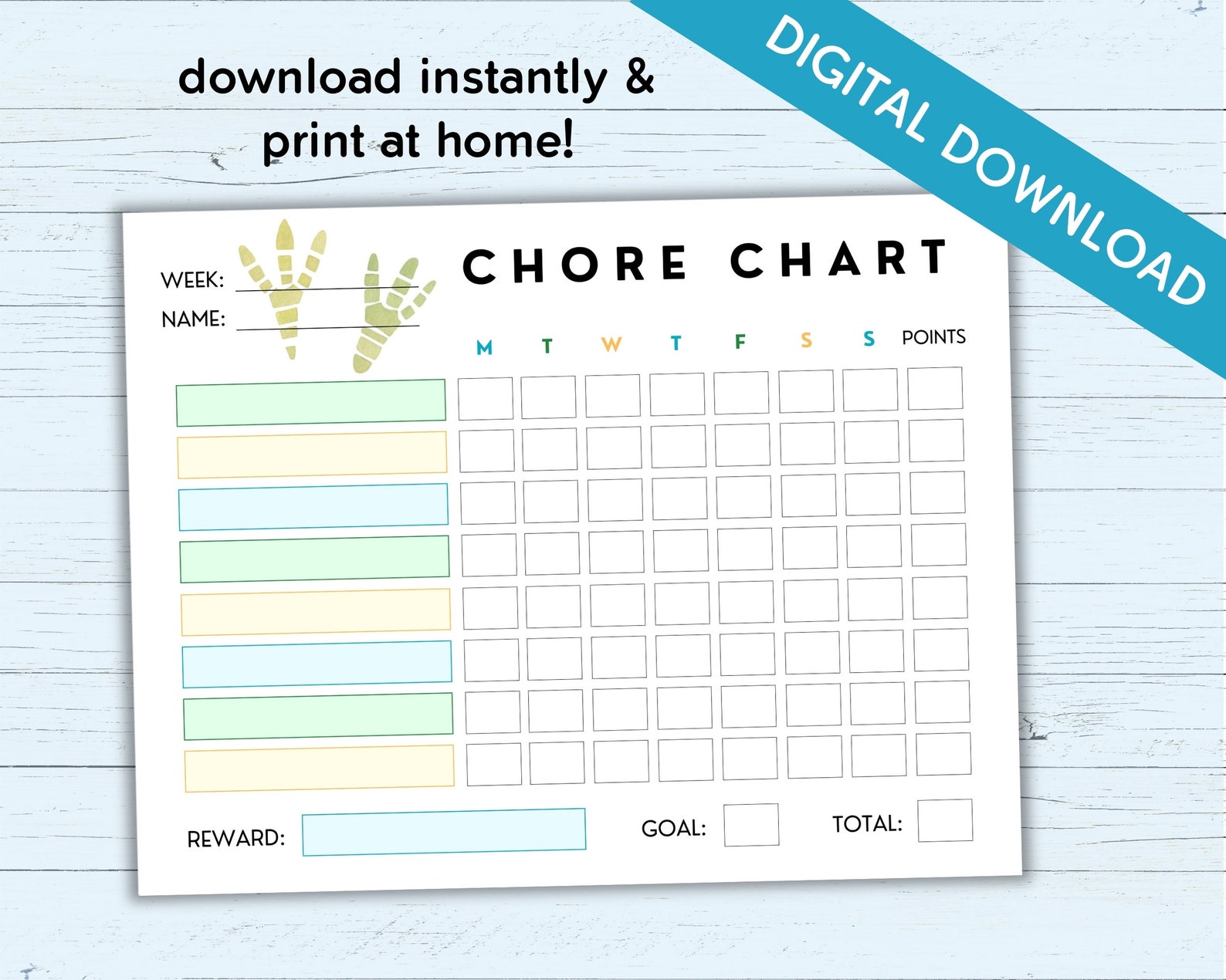 Editable Printable Chore Chart for Kids Blue & Green Design - Etsy