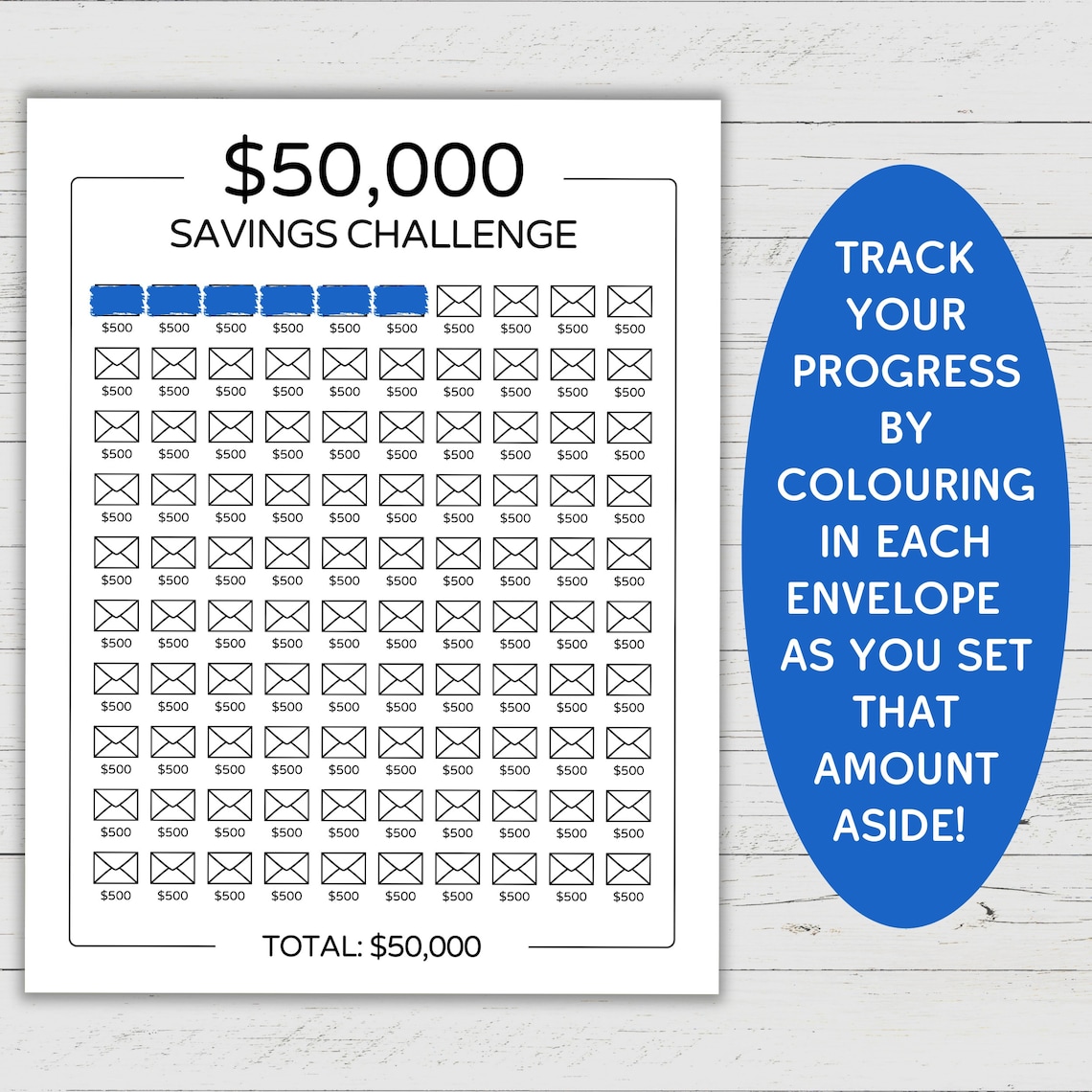 50K Savings Challenge Printable - 100 Envelopes Saving Challenge ...