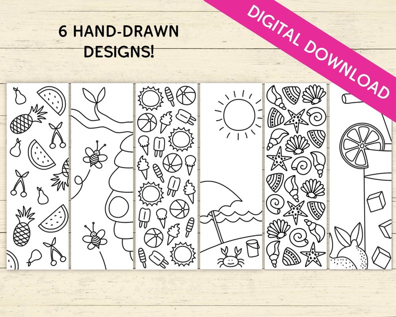 Printable Summer Coloring Bookmarks Set of 6 PDF Instant - Etsy