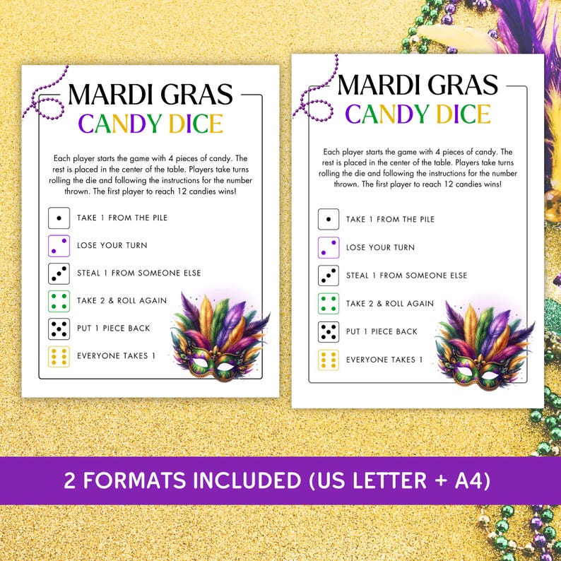 Printable Mardi Gras Candy Dice Game - Mardi Gras Party Game - Mardi ...