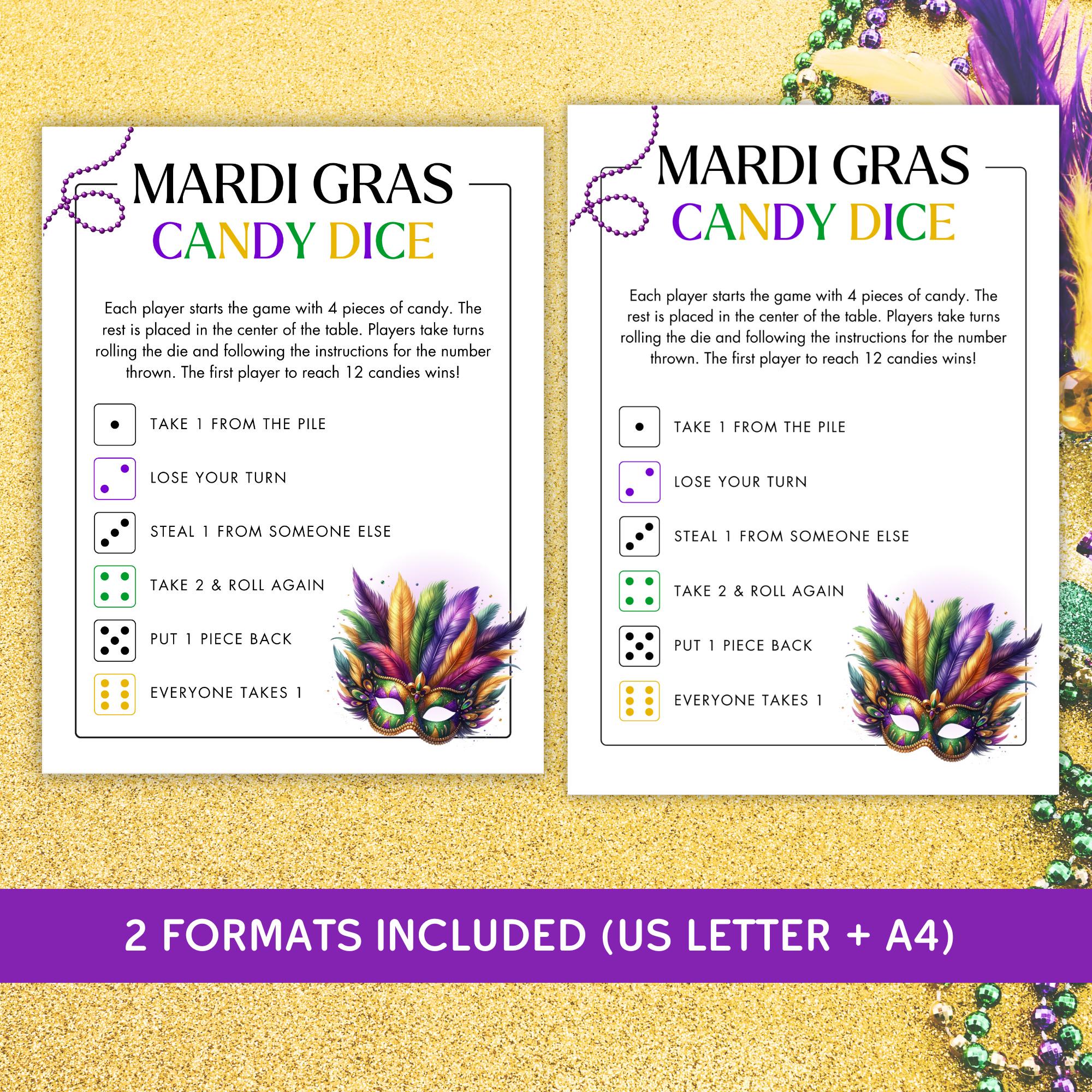 Printable Mardi Gras Candy Dice Game - Mardi Gras Party Game - Mardi ...
