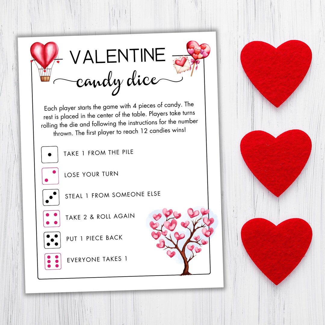 Printable Valentine Candy Dice Game - Valentine Party Game - Valentine ...