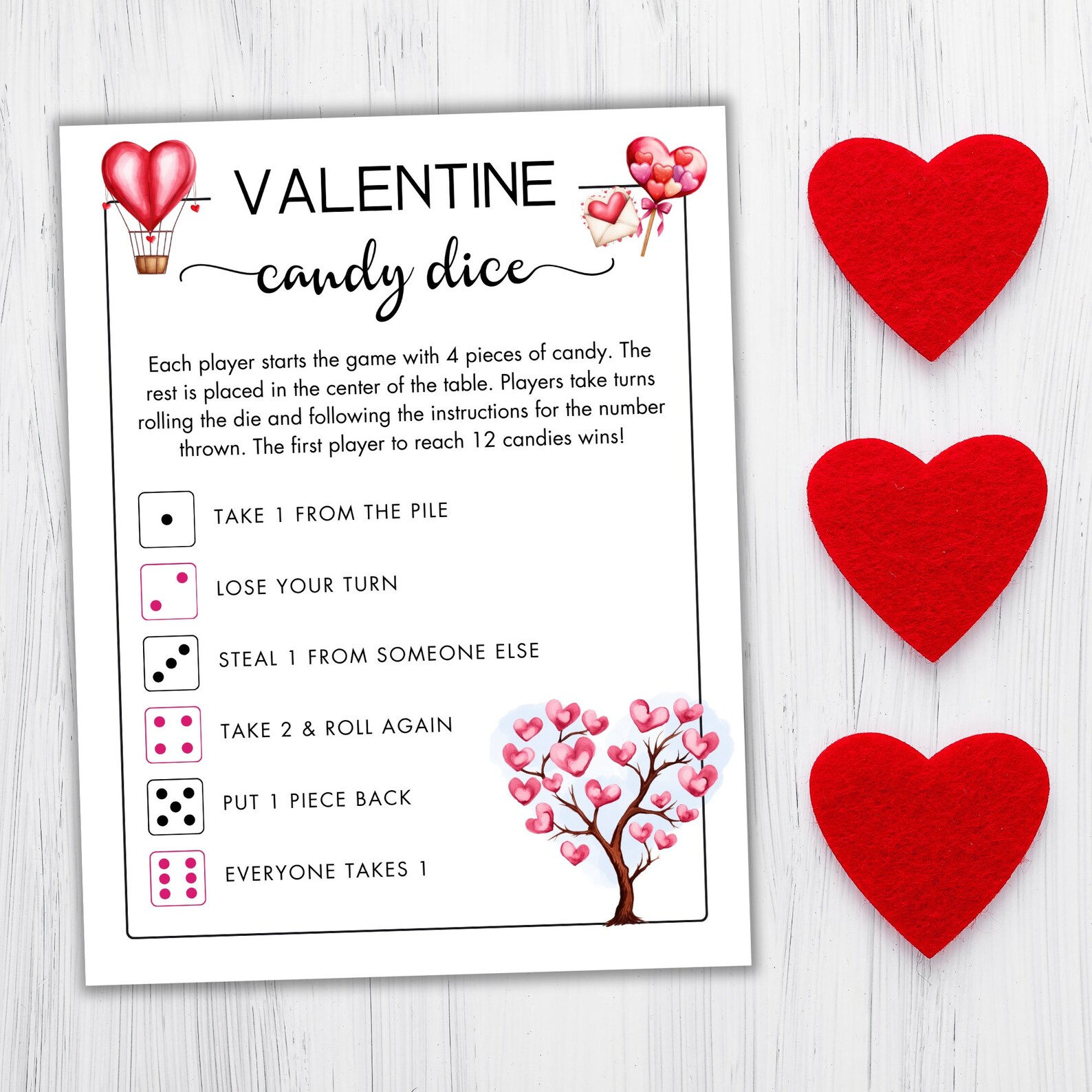 Printable Valentine Candy Dice Game - Valentine Party Game - Valentine ...