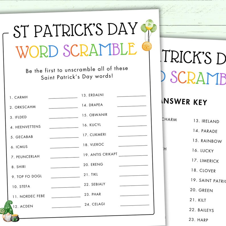 St Patrick's Day Word Scramble - Printable St Patty's Activity - Party ...