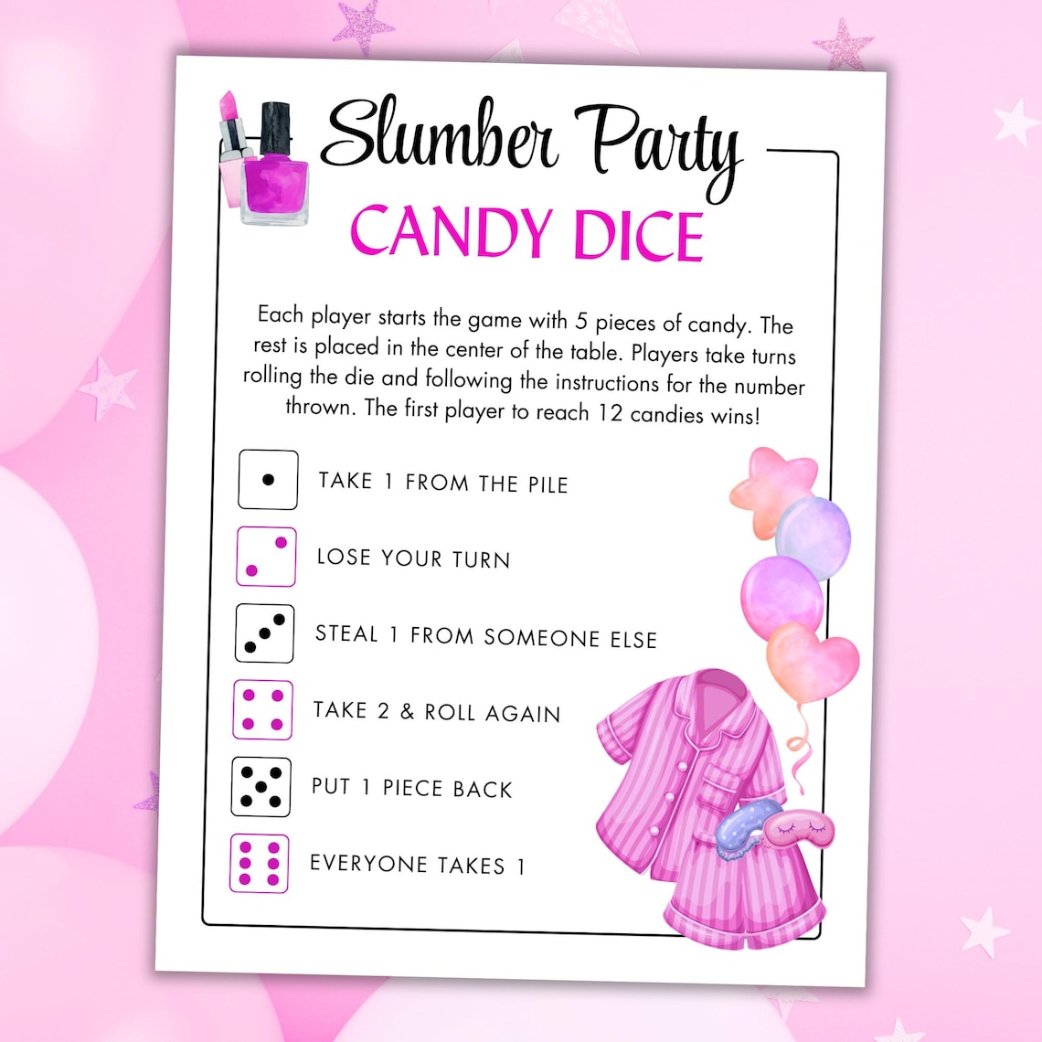 Printable Slumber Party Candy Dice Game - Birthday Party Game - Slumber ...