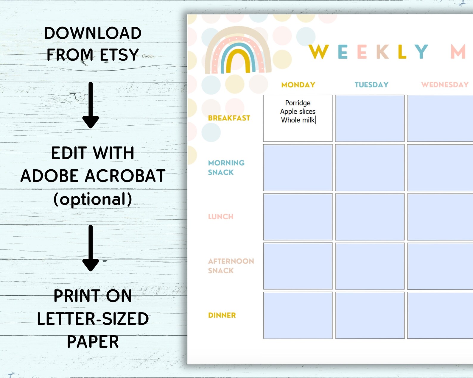 Cute Printable Weekly & Monthly Menu for Kids Blank Fillable PDF ...