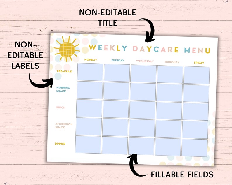 Printable Weekly & Monthly Daycare Menu Blank Fillable PDF - Etsy