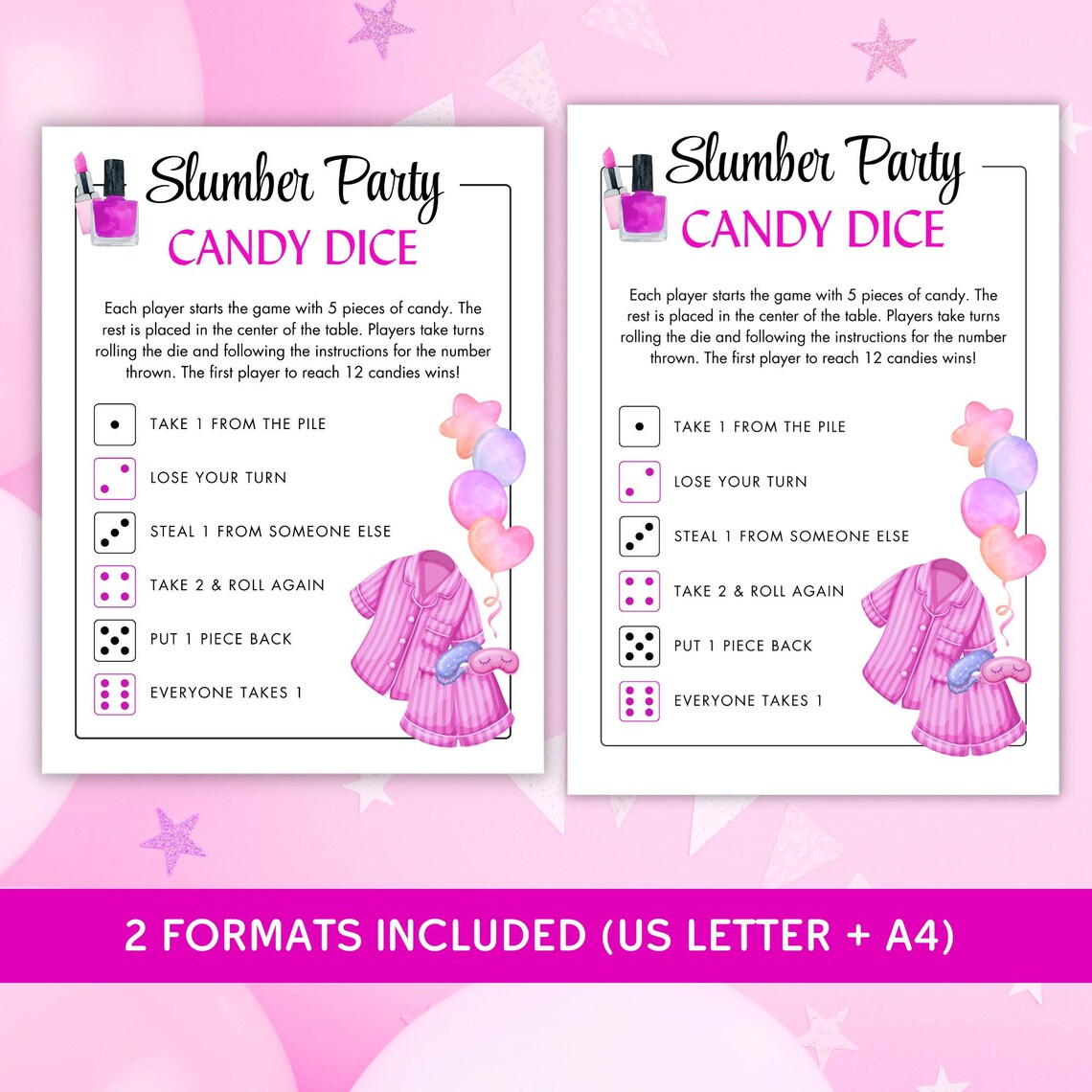 Printable Slumber Party Candy Dice Game - Birthday Party Game - Slumber ...
