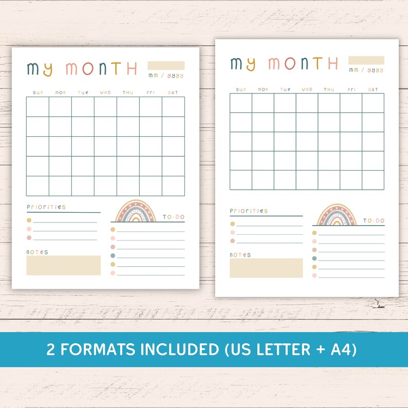 Printable Boho Monthly Planner - US Letter + A4 - Editable Instant ...