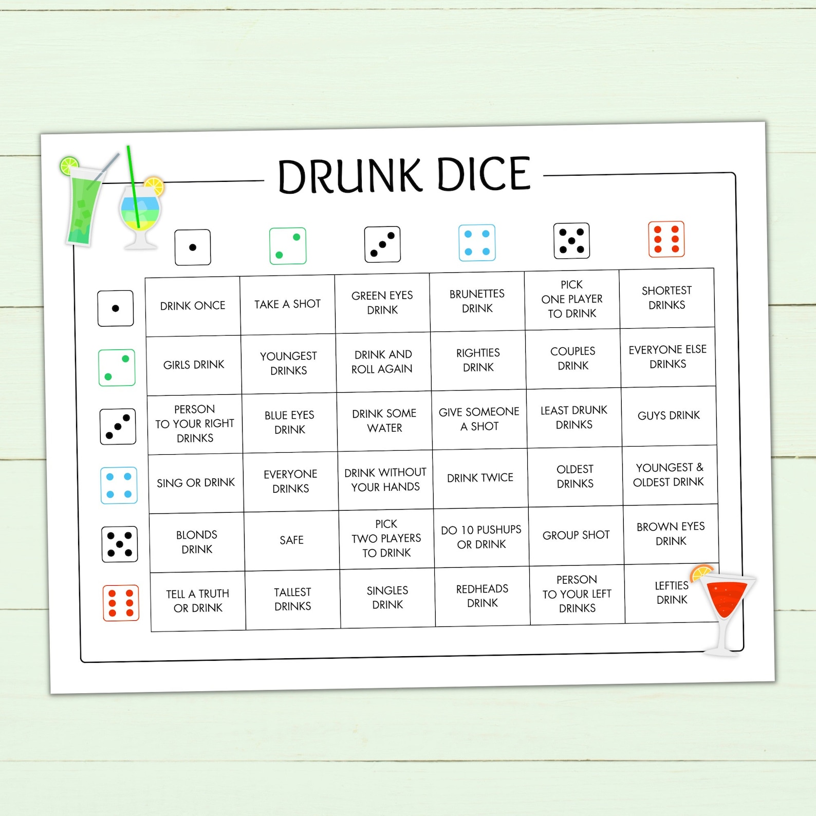 Printable Drunk Dice Game Drinking Game For Adults Alcohol Game