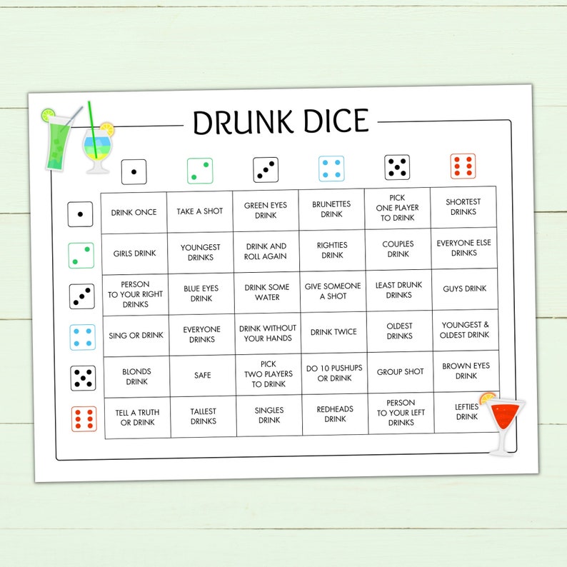 Printable Drunk Dice Game - Drinking Game for Adults - Alcohol Game ...