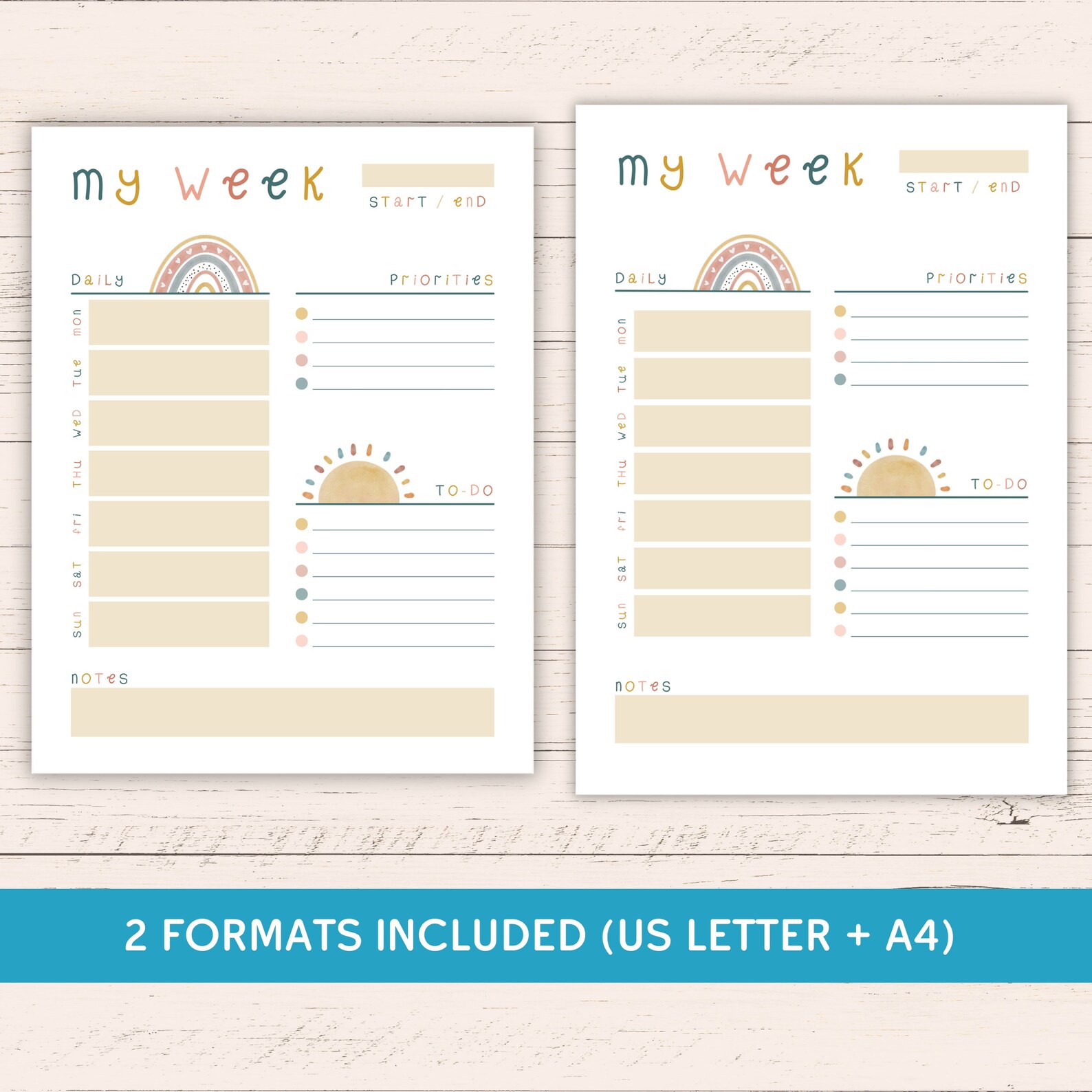 Printable Boho Weekly Planner - US Letter + A4 - Editable Instant ...