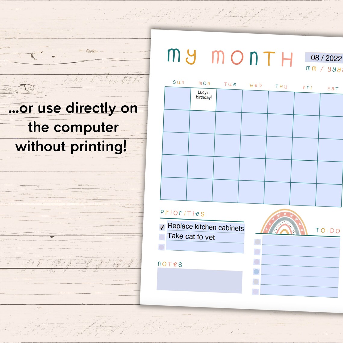 Printable Boho Monthly Planner - US Letter + A4 - Editable Instant ...