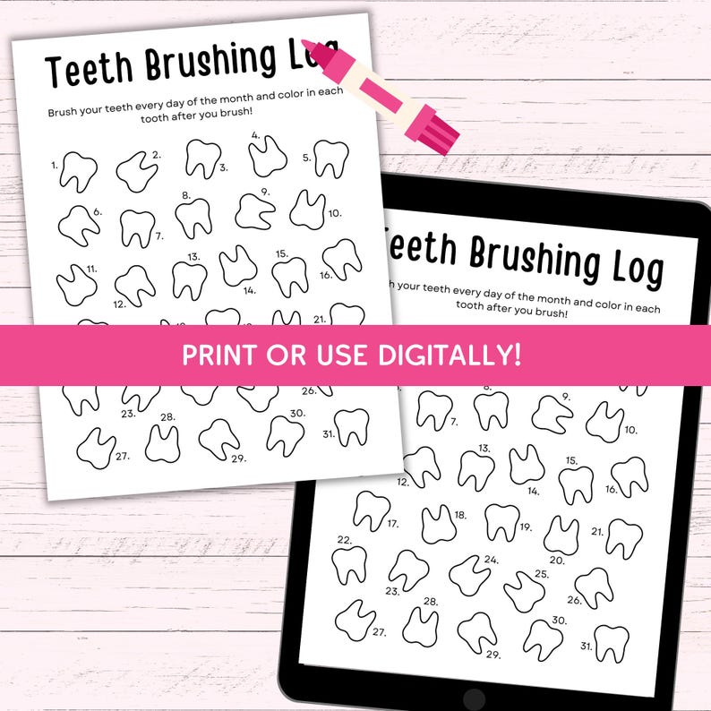 Monthly Teeth Brushing Tracker - Printable Teeth Brushing Log - Dental ...