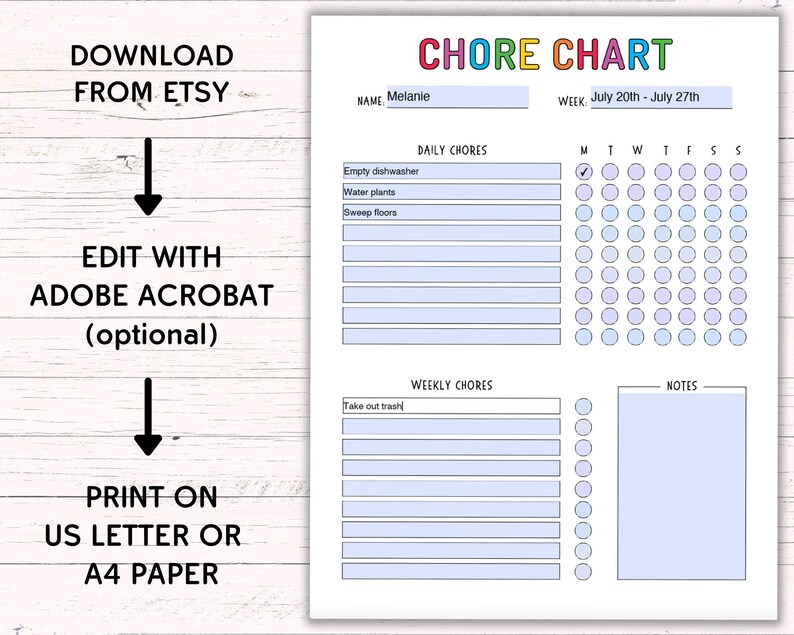 Printable Chore Chart for Kids Editable Daily & Weekly Chore - Etsy
