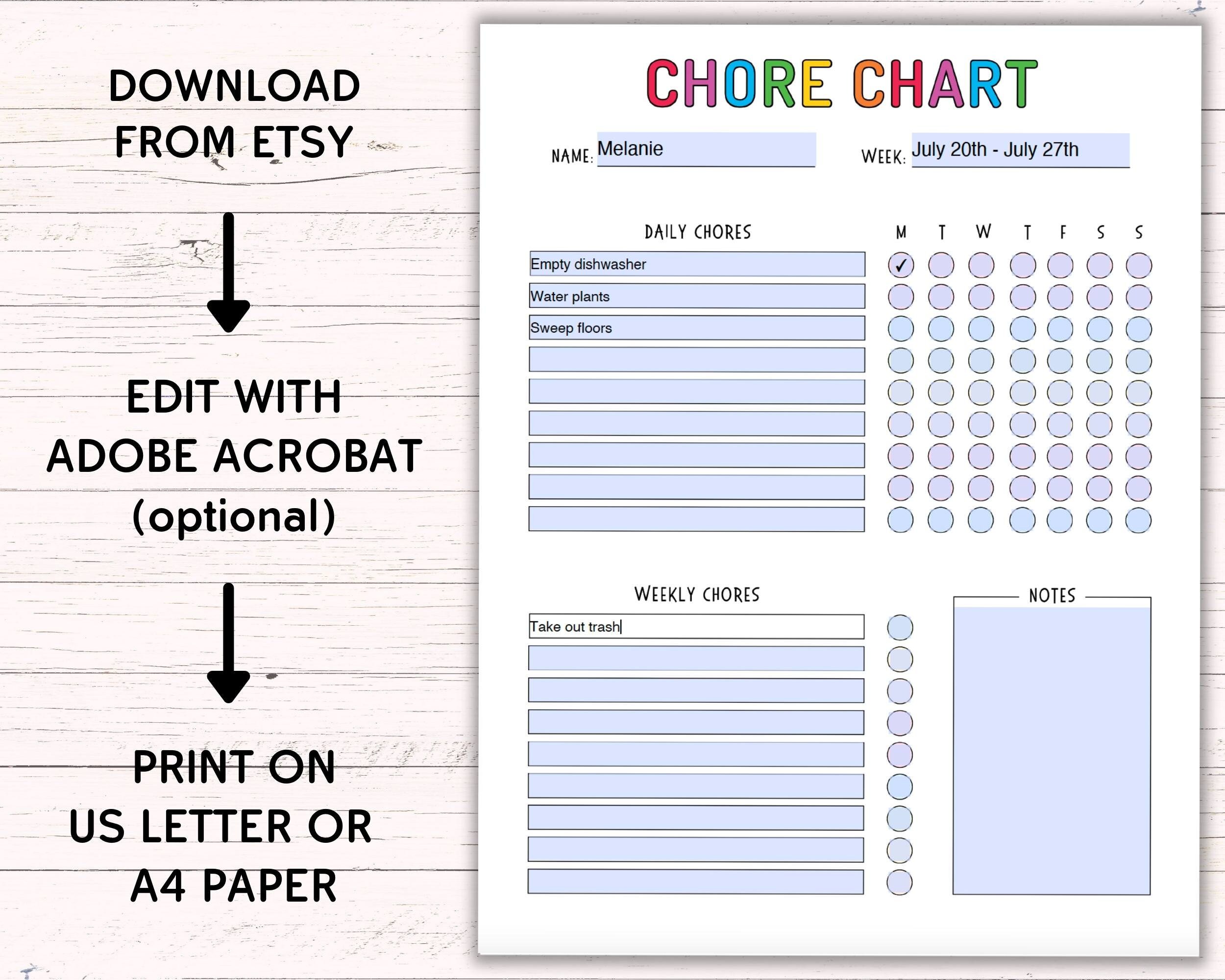 Printable Chore Chart for Kids Editable Daily & Weekly Chore - Etsy
