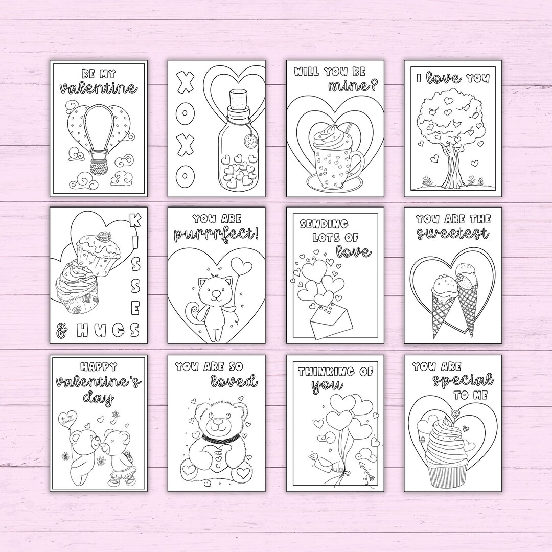 Tarjetas para colorear del Día de San Valentín - 12 diseños dibujados a ...