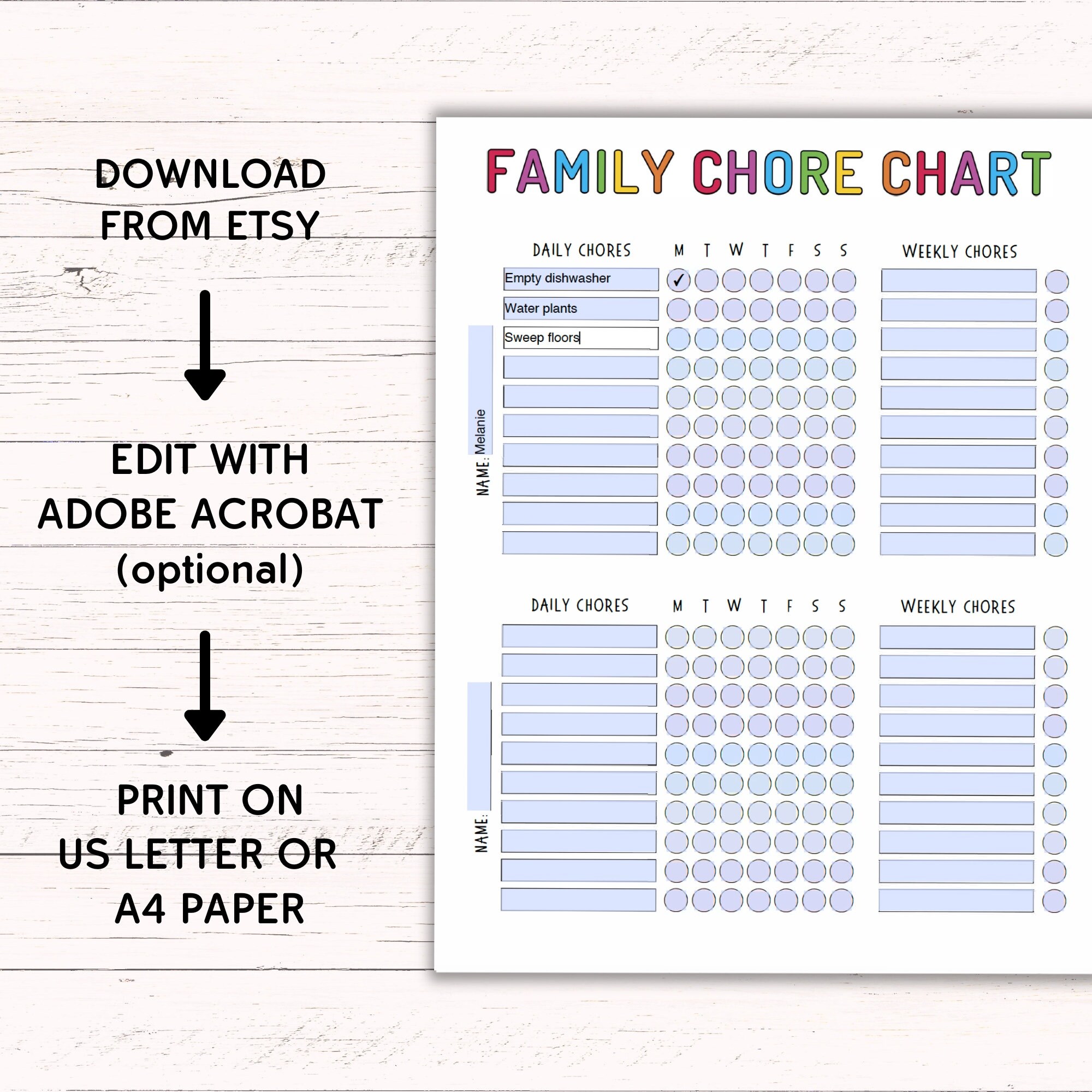 Printable Family Chore Chart Editable Chore Chart for Multiple Kids ...