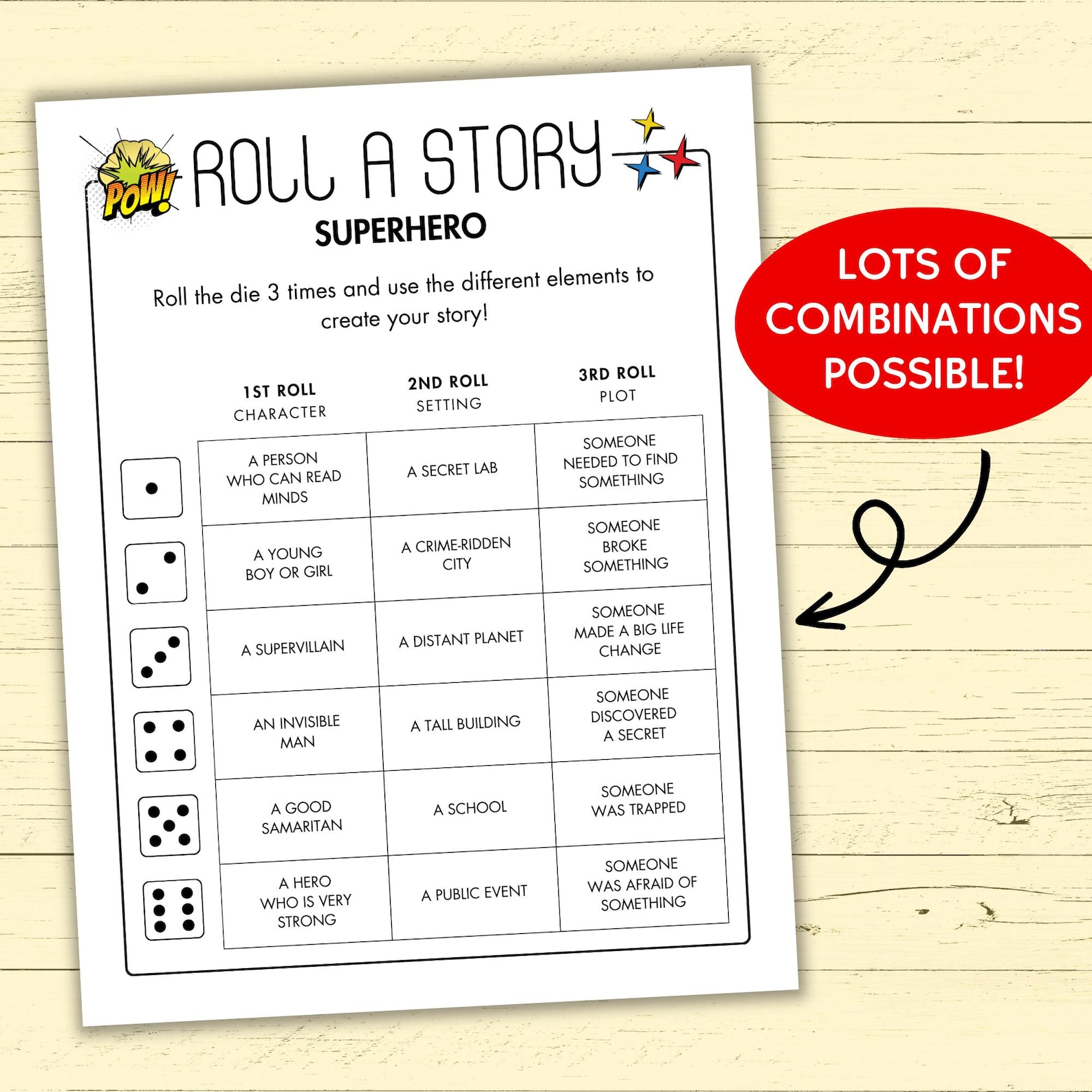 Roll a Superhero Story - Creative Writing Prompt Activity - Printable ...