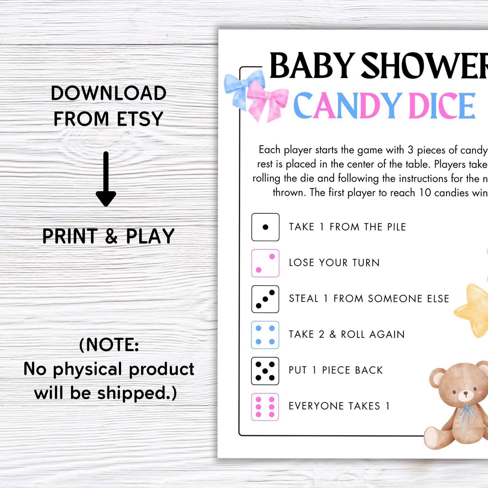 Printable Baby Shower Candy Dice Game - Baby Shower Party Game - Baby ...