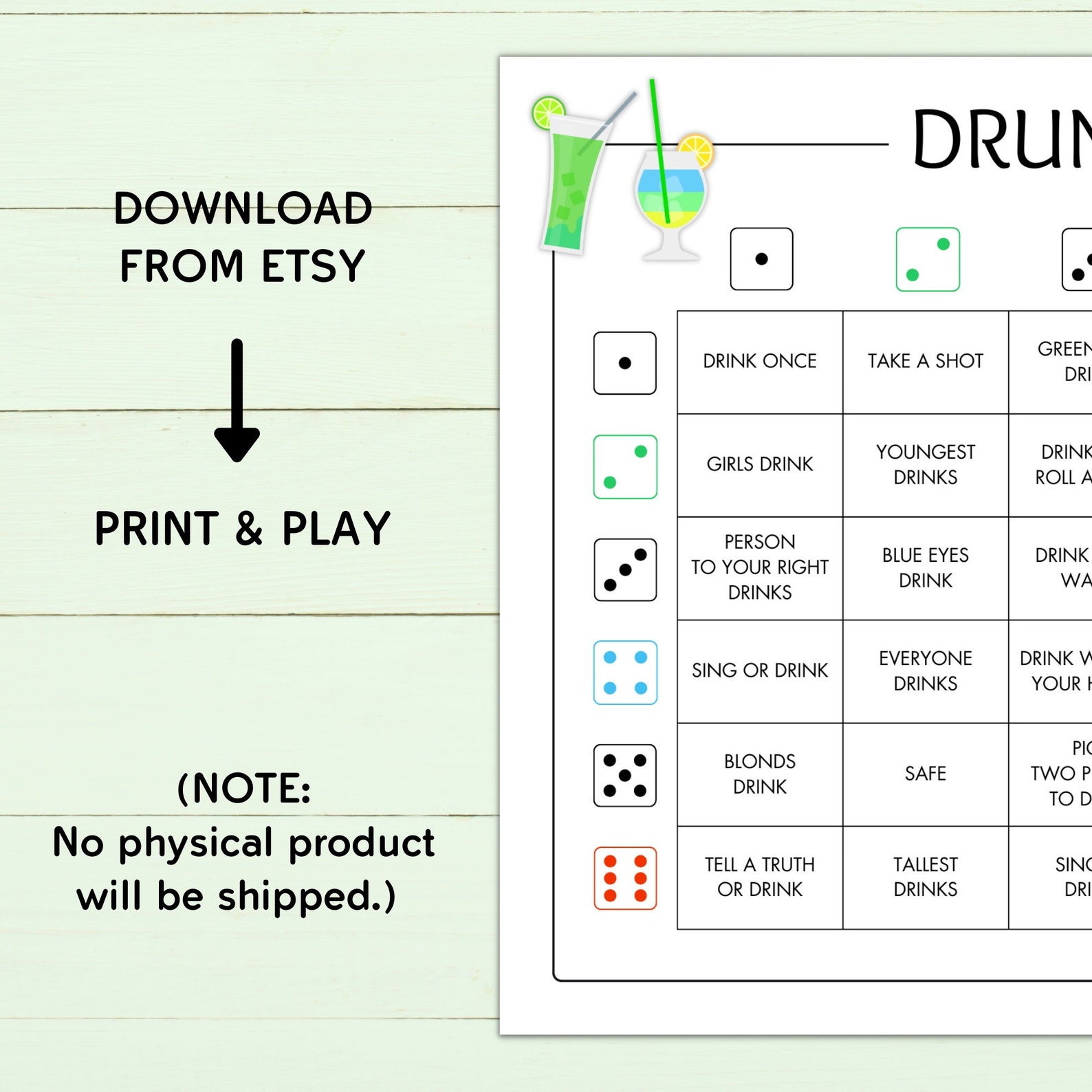 Printable Drunk Dice Game - Drinking Game for Adults - Alcohol Game ...