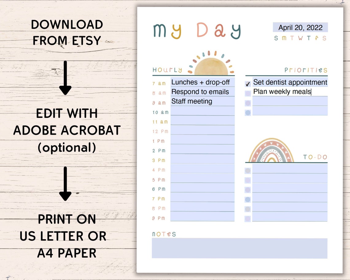 Printable Boho Daily Planner US Letter A4 Editable - Etsy
