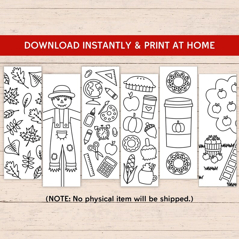 Printable Fall Coloring Bookmarks Set of 6 PDF Instant Digital Download ...