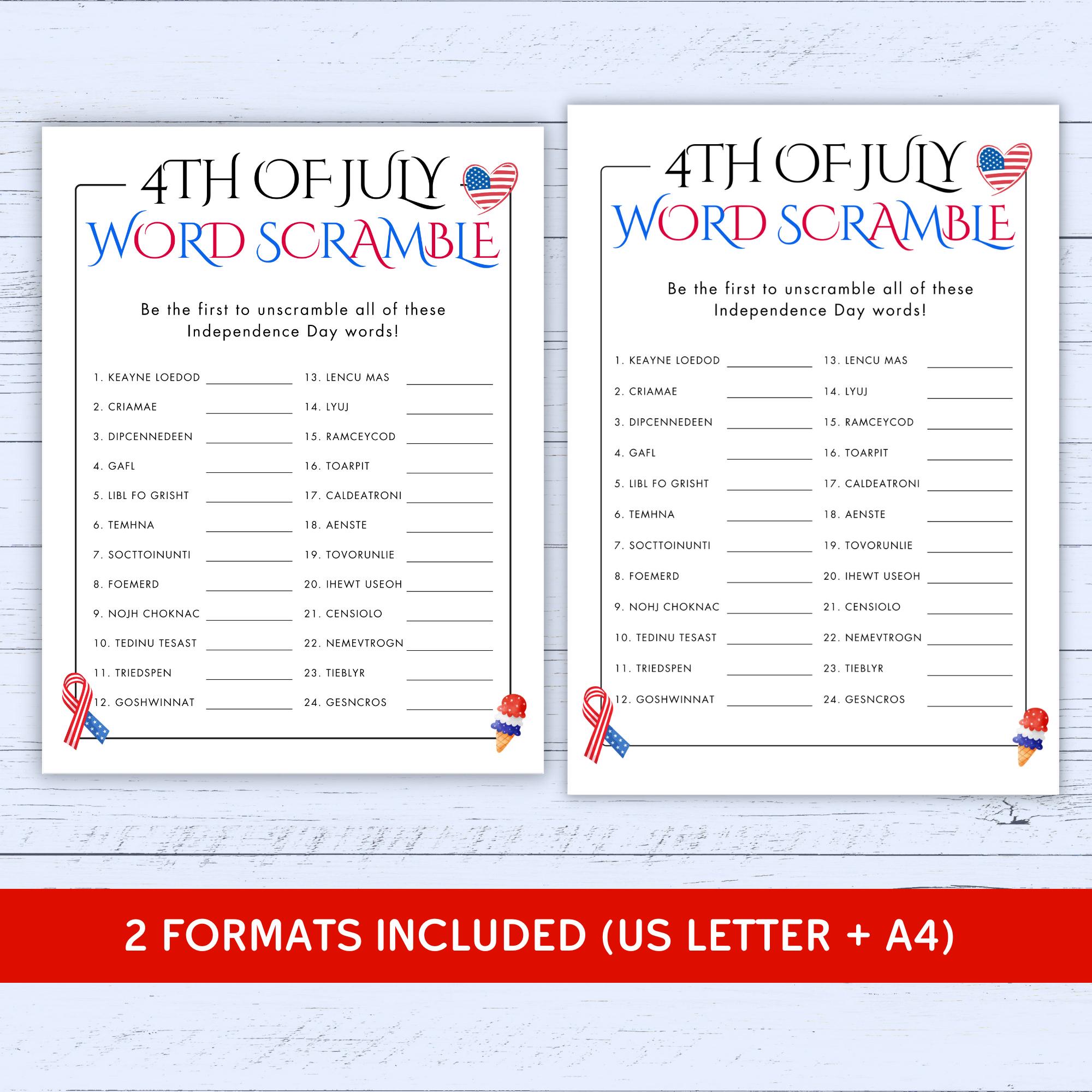 4th of July Word Scramble - Printable Independence Day Activity - Party ...