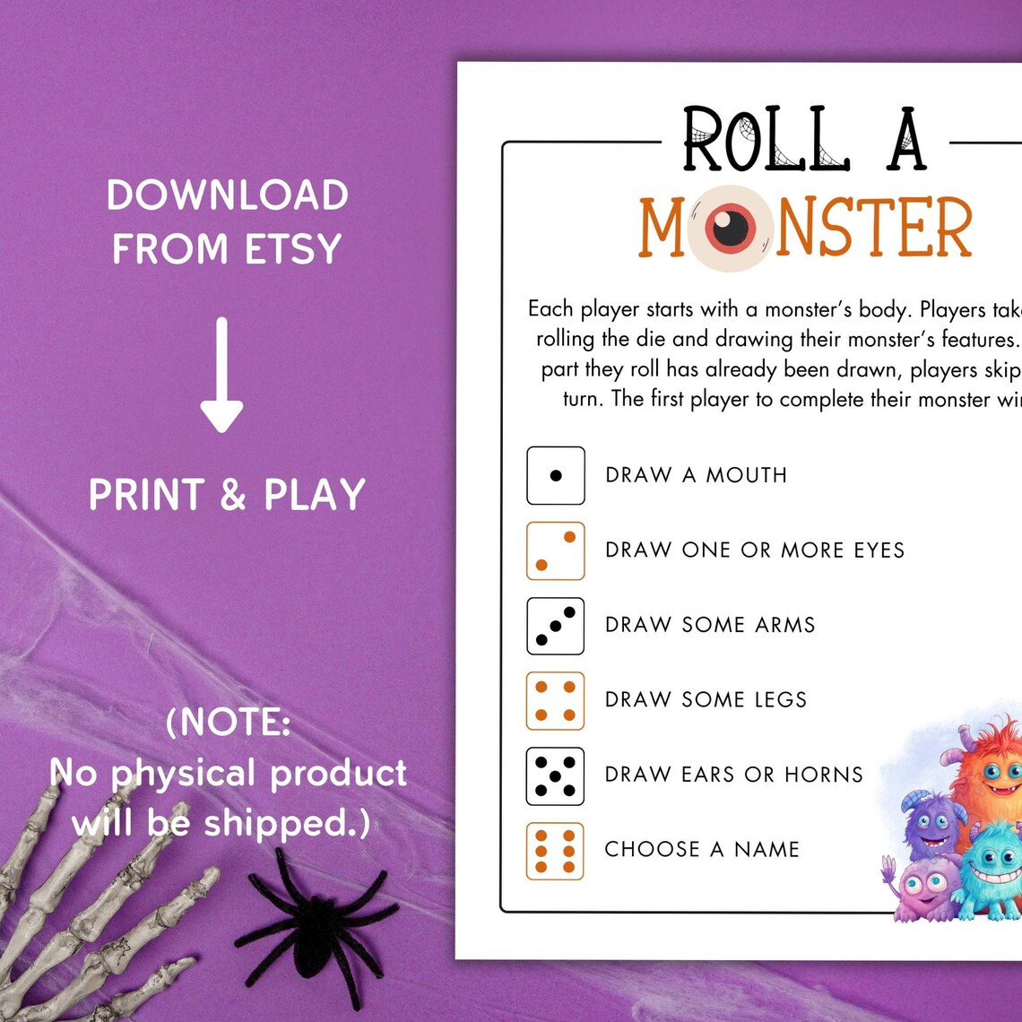 Roll a Monster Game - Printable Halloween Game - Halloween Activity for ...