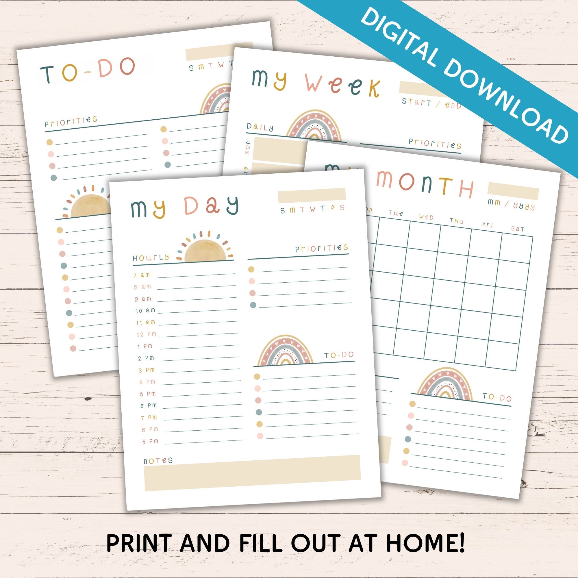Printable Boho Daily Weekly Monthly Planner Page Bundle - Etsy