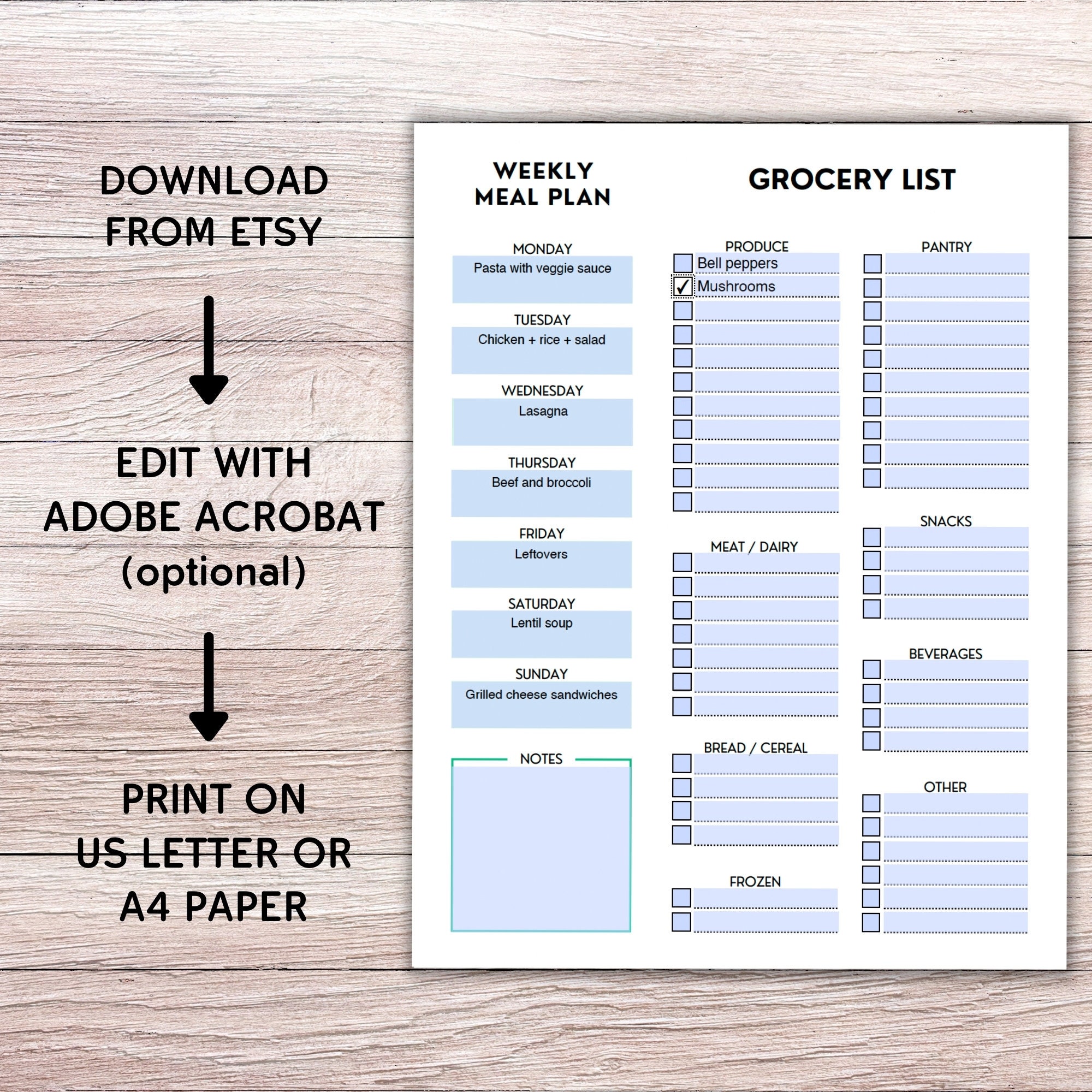 Printable Grocery List Menu Combo - US Letter + A4 - Editable Instant ...