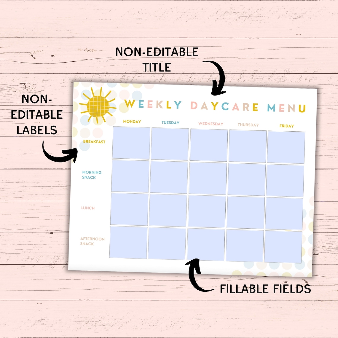 Printable Weekly & Monthly Daycare Menu - Blank Fillable PDF - Editable ...