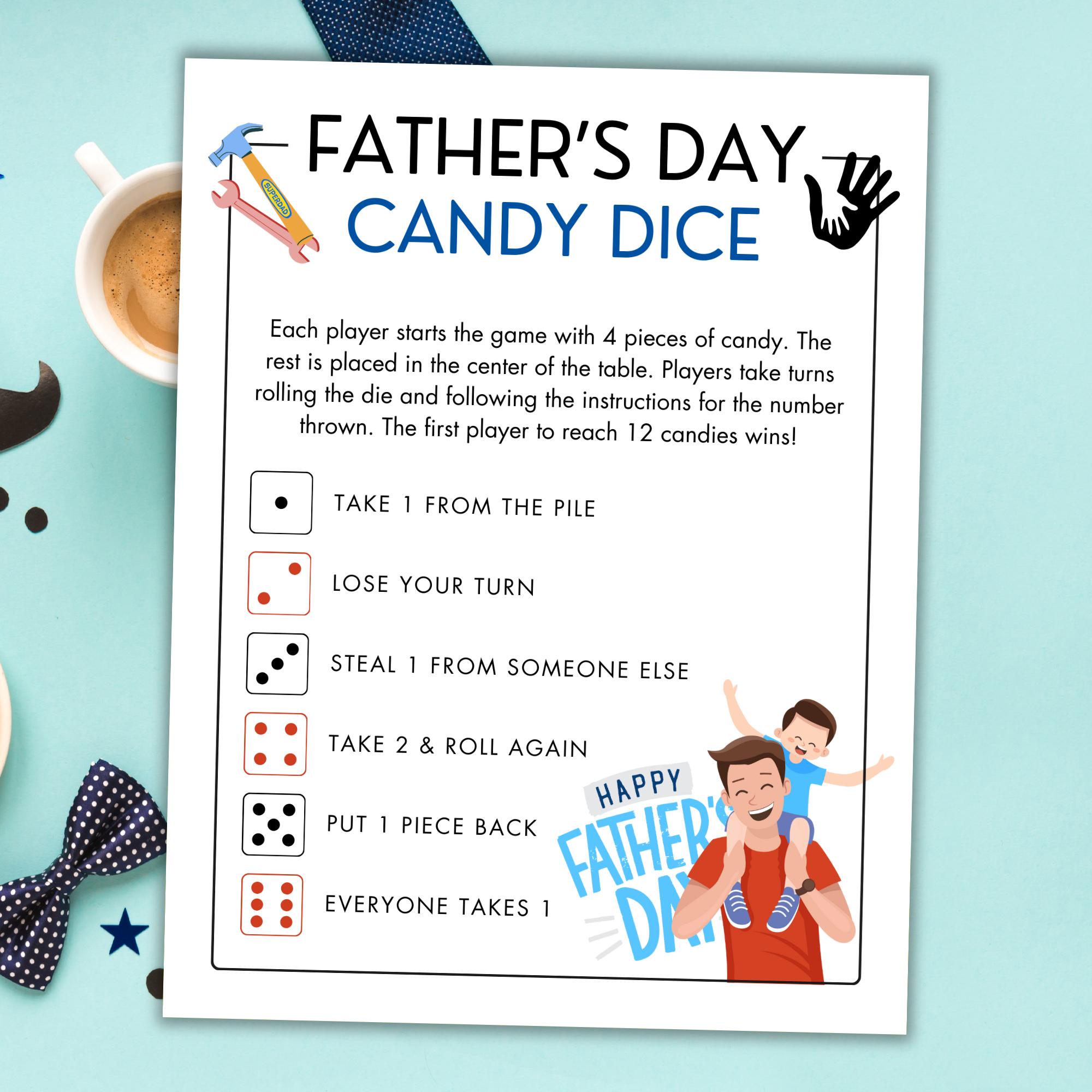 Printable Father's Day Candy Dice Game - Family Activity - Father's Day ...