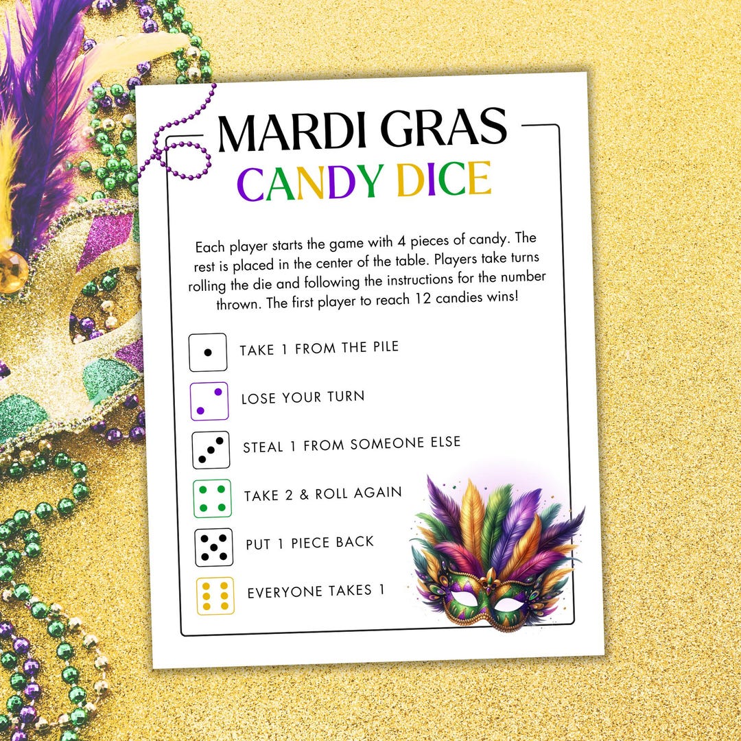 Printable Mardi Gras Candy Dice Game - Mardi Gras Party Game - Mardi ...