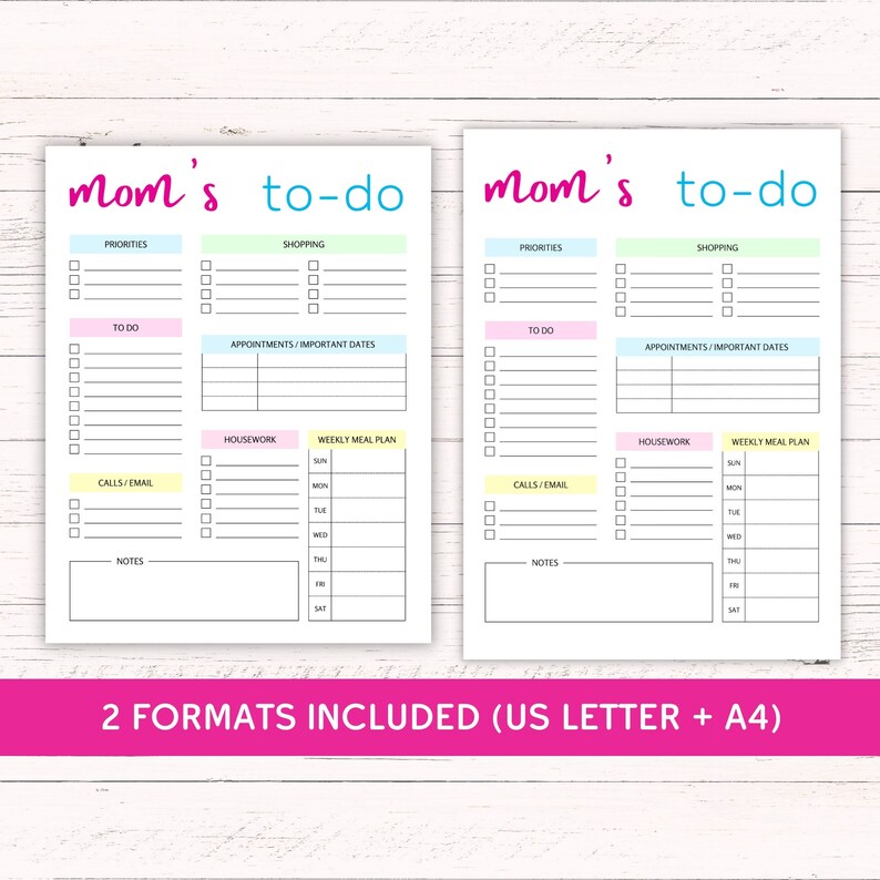 Printable Mom To-do List - US Letter + A4 - Editable Instant Download ...