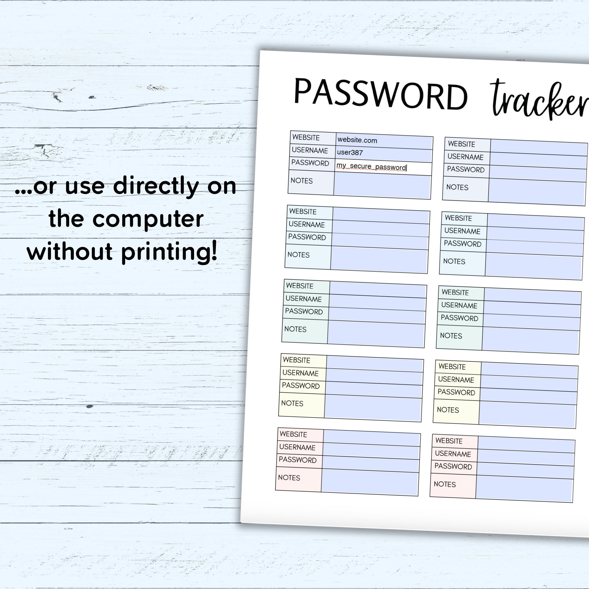 Password Tracker Printable - Fillable PDF - Password Keeper - Password ...