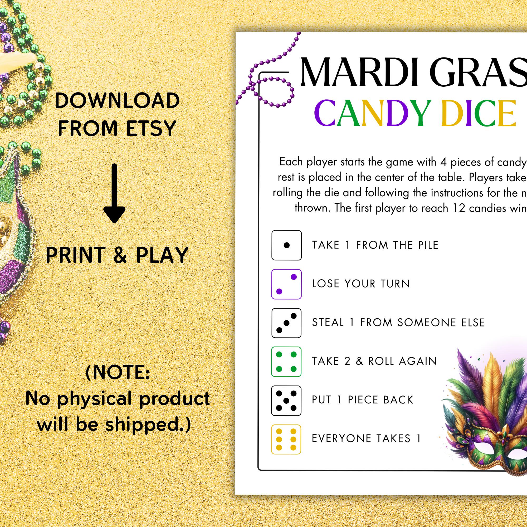 Printable Mardi Gras Candy Dice Game - Mardi Gras Party Game - Mardi ...