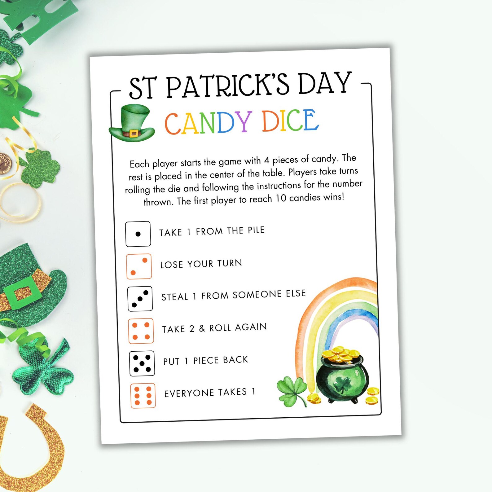 Printable St Patrick's Day Candy Dice Game - St Patty's Party Game - St ...