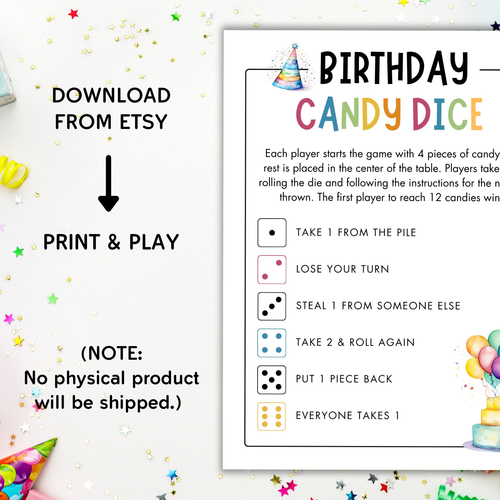 Printable Birthday Candy Dice Game - Birthday Party Game - Birthday ...