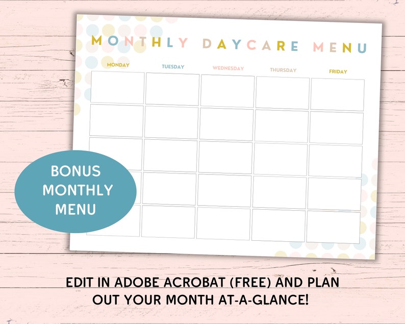 Printable Weekly & Monthly Daycare Menu Blank Fillable PDF - Etsy