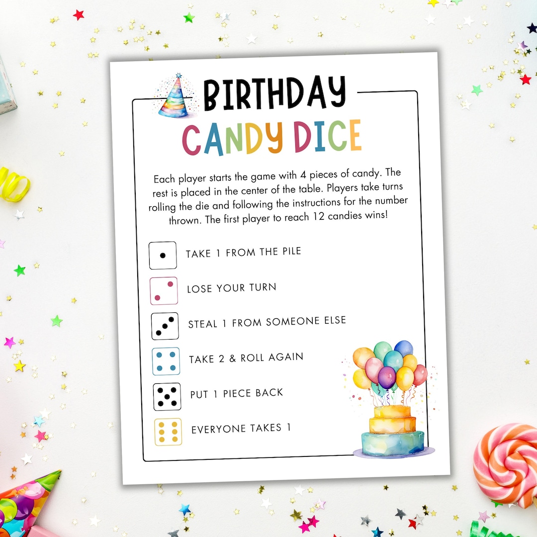 Printable Birthday Candy Dice Game - Birthday Party Game - Birthday ...