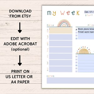 Printable Boho Weekly Planner - US Letter + A4 - Editable Instant ...