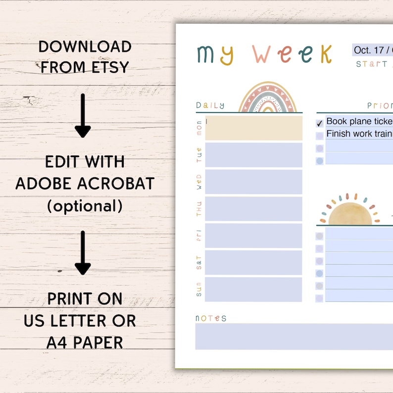 Printable Boho Weekly Planner US Letter A4 Editable Instant Download ...