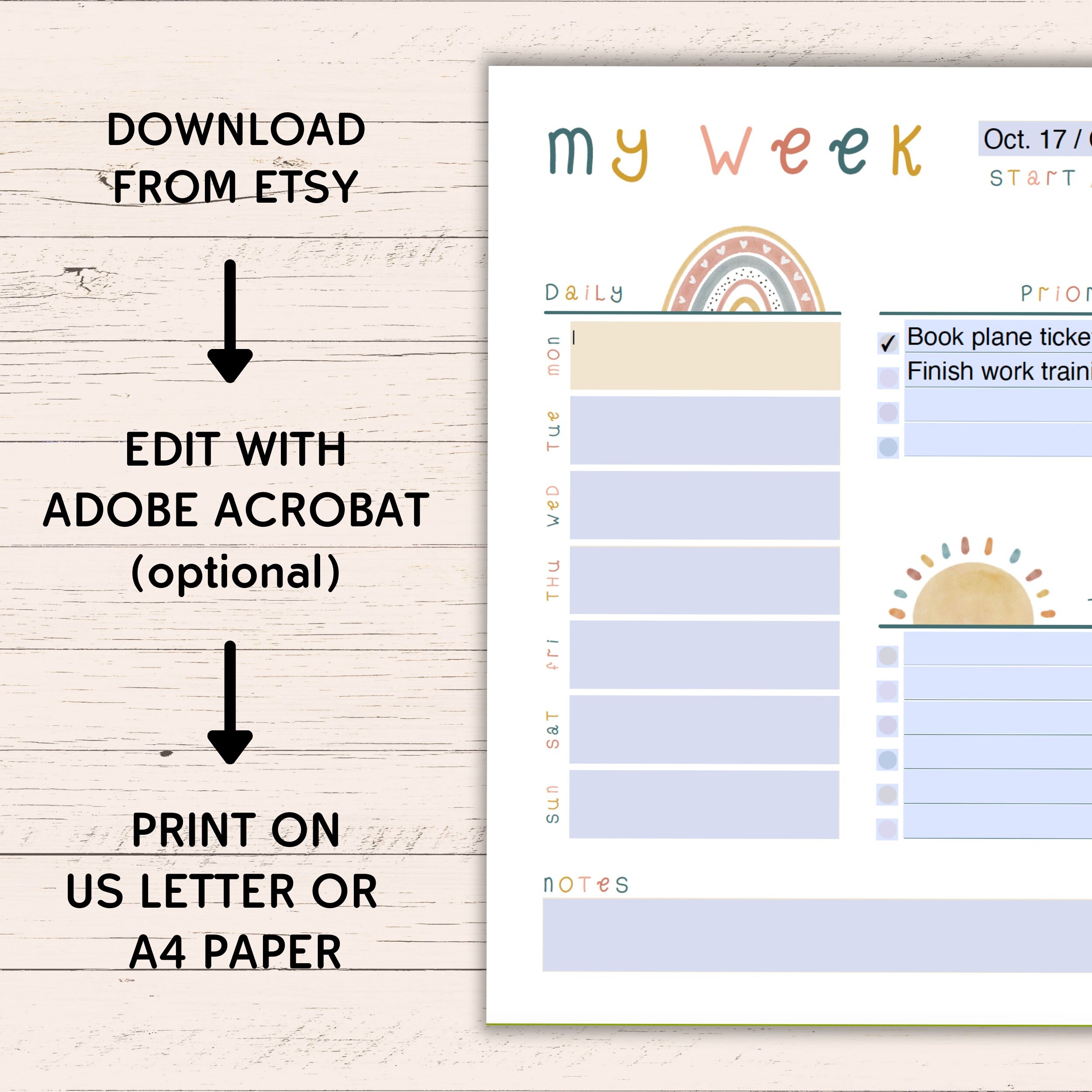 Printable Boho Weekly Planner US Letter A4 Editable Instant Download ...