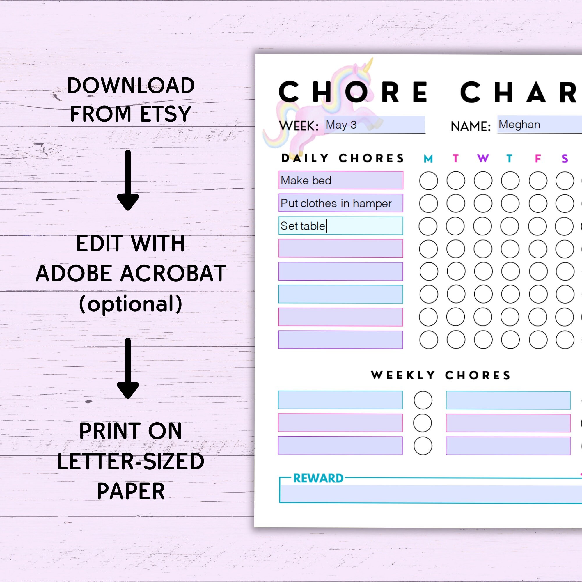 Editable Printable Chore Chart for Kids - Vertical Pink & Purple Design ...