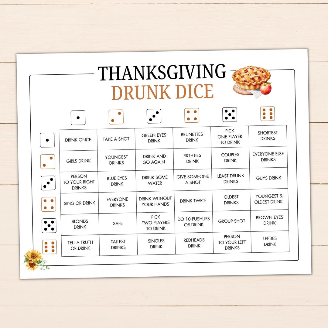 Printable Thanksgiving Drunk Dice Game - Drinking Game for Adults ...