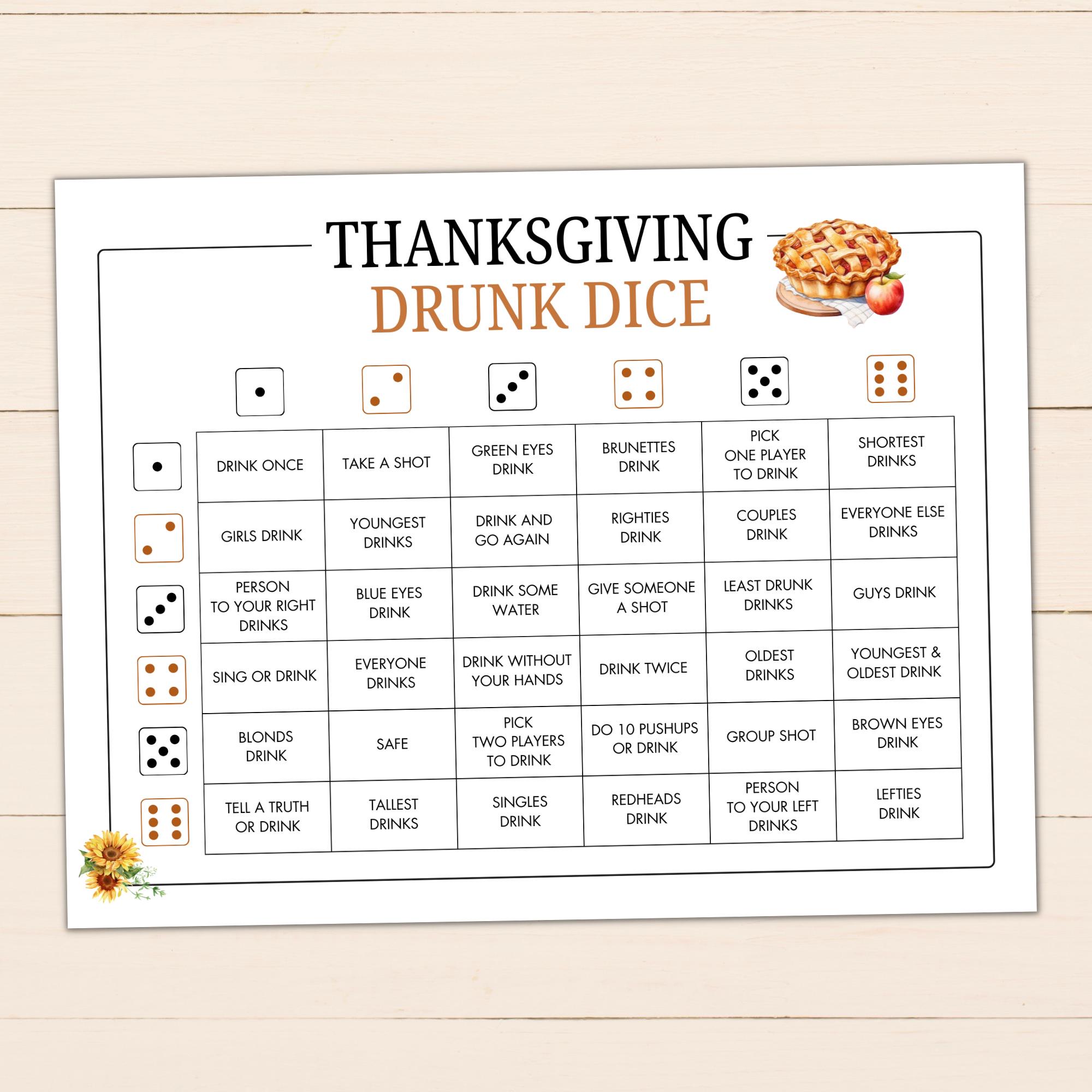 Printable Thanksgiving Drunk Dice Game - Drinking Game for Adults ...