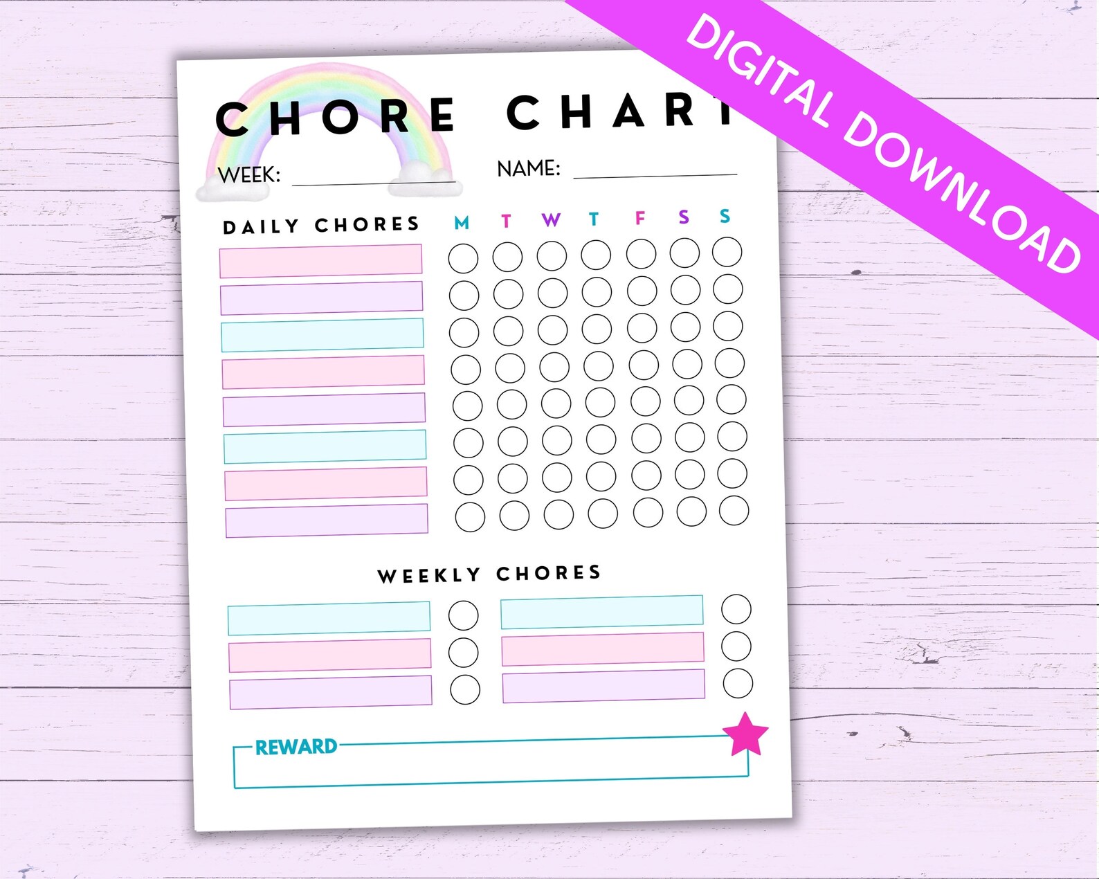 Editable Printable Chore Chart for Kids Vertical Pink & | Etsy